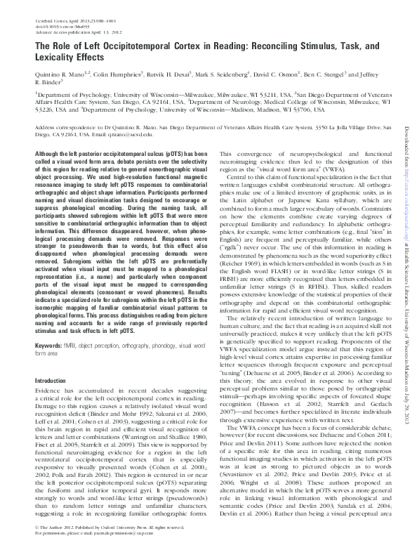 (PDF) The Role of Left Occipitotemporal Cortex in Reading: Reconciling ...