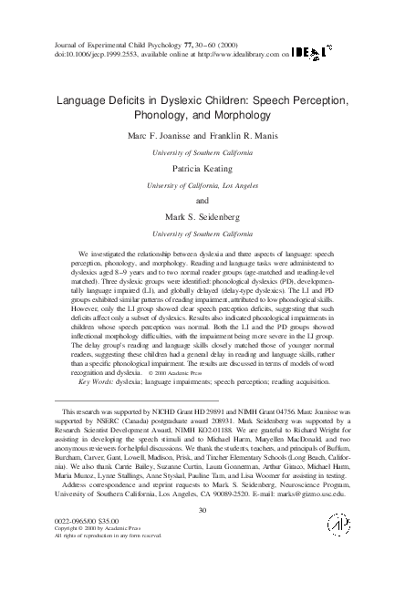 (PDF) Language Deficits in Dyslexic Children: Speech Perception ...