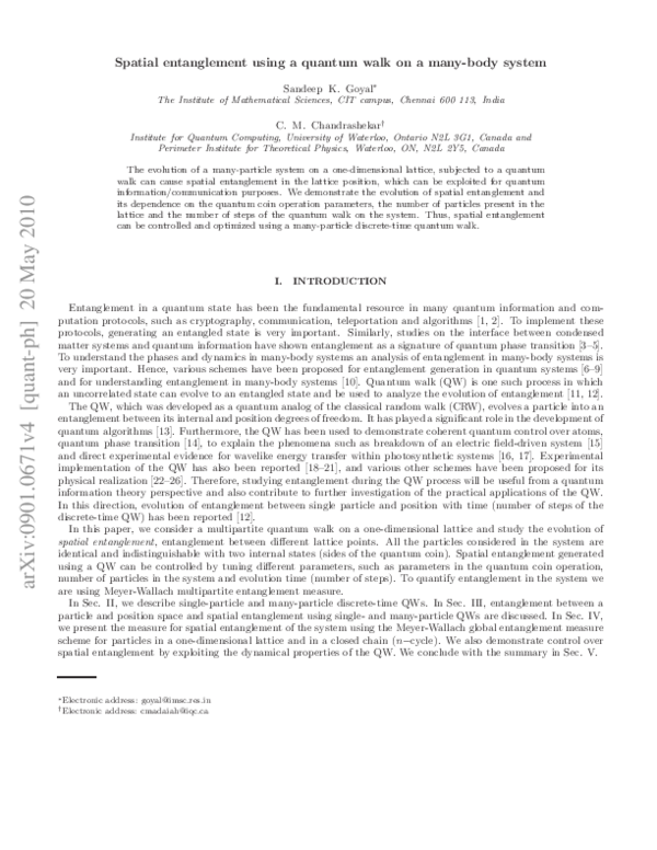 (PDF) Spatial entanglement using a quantum walk on a many-body system