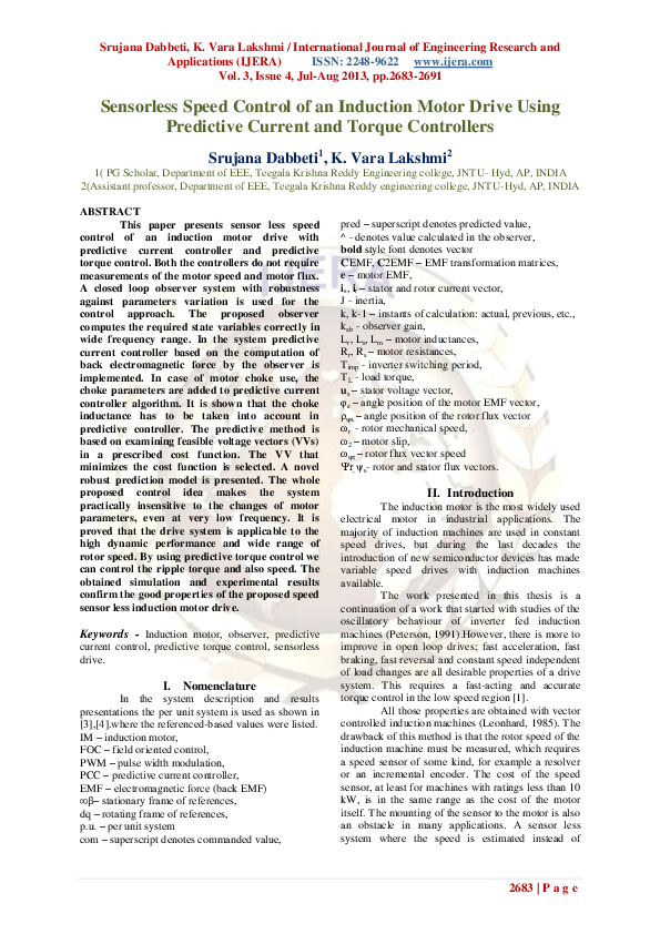 Pdf Sensorless Speed Control Of An Induction Motor Drive Using