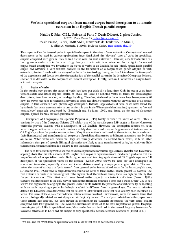 Pdf Verbs In Specialised Corpora From Manual Corpus Based Description To Automatic Extraction