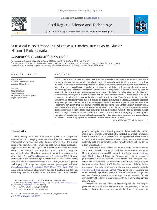 (PDF) Statistical runout modeling of snow avalanches using GIS in Glacier National Park, Canada
