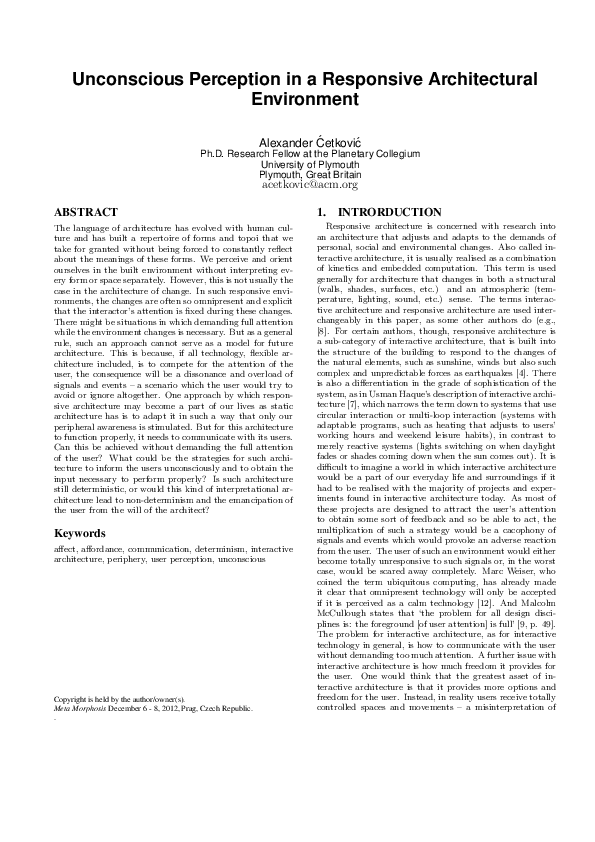 (PDF) Unconscious Perception in a Responsive Architectural Environment