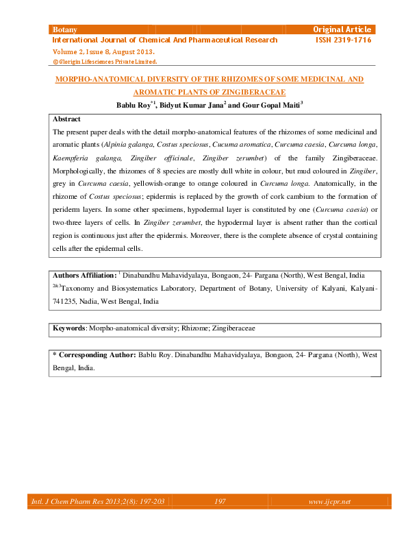 (PDF) MORPHO-ANATOMICAL DIVERSITY OF THE RHIZOMES OF SOME MEDICINAL AND AROMATIC PLANTS OF ...