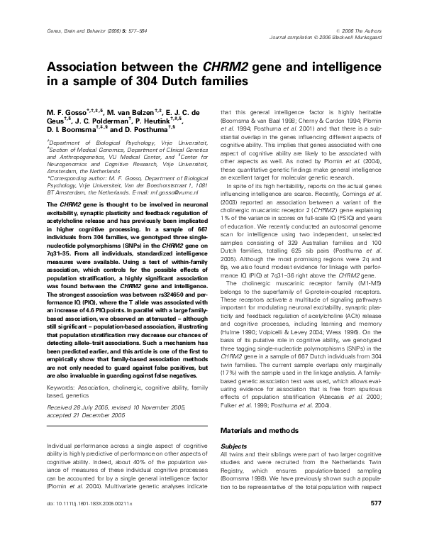 (PDF) Association between the CHRM2 gene and intelligence in a sample ...