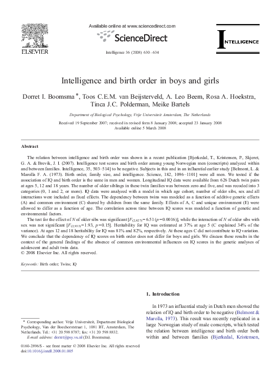 (PDF) Intelligence and birth order in boys and girls