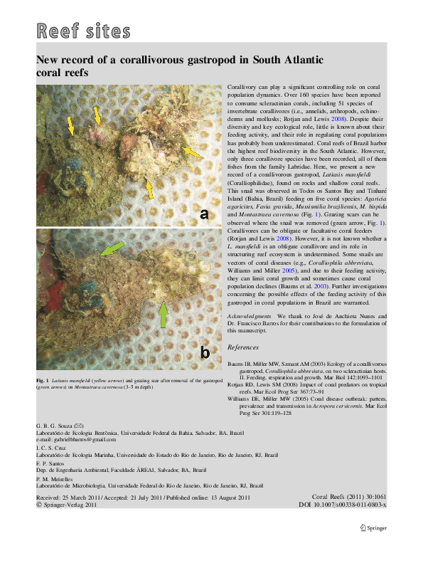 (PDF) Souza et al 2011 New record of a corallivorous gastropod in South ...