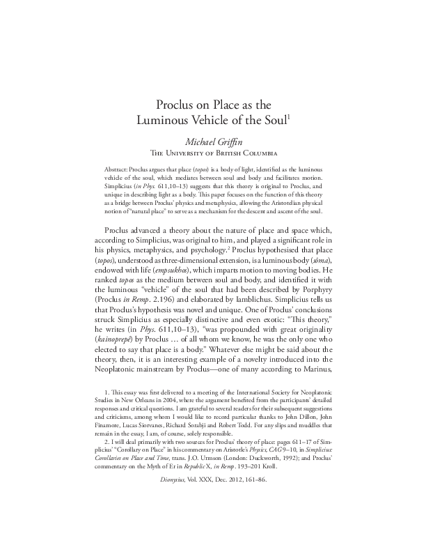 (PDF) Proclus on Place as the Luminous Vehicle of the Soul