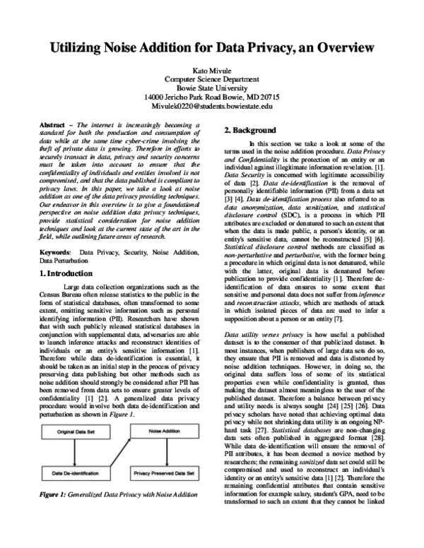 Pdf Utilizing Noise Addition For Data Privacy An Overview