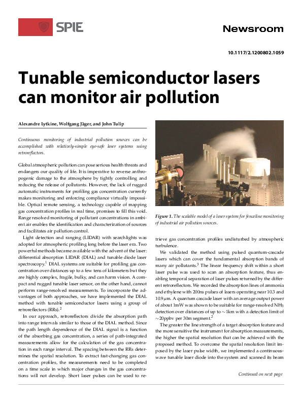 (PDF) Tunable semiconductor lasers can monitor air pollution