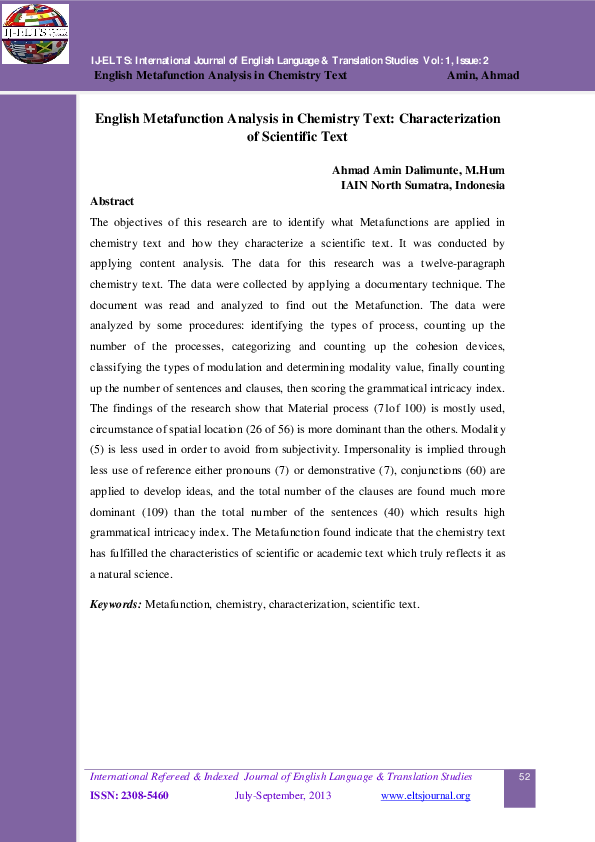 (PDF) English Metafunction Analysis in Chemistry Text: Characterization of Scientific Text by ...