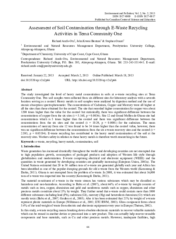 (PDF) Assessment of Soil Contamination through E-Waste Recycling ...