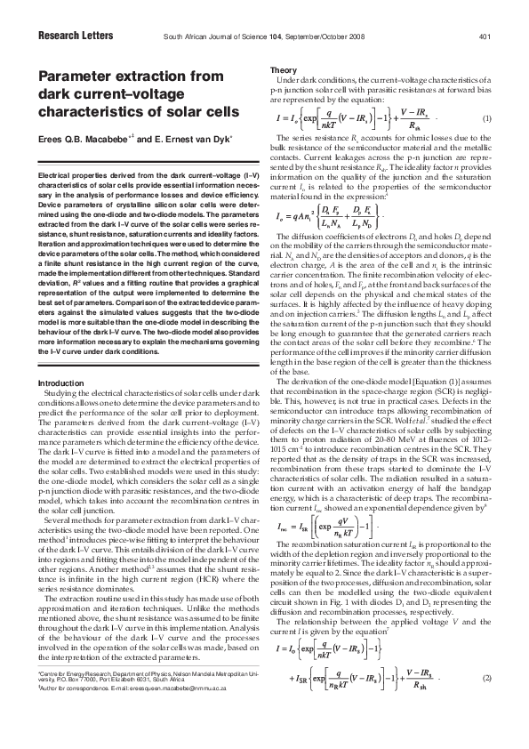 Pdf Parameter Extraction From Dark Current Voltage Characteristics Of