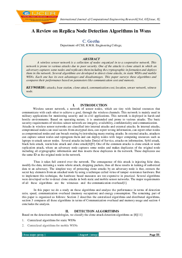Pdf A Review On Replica Node Detection Algorithms In Wsns