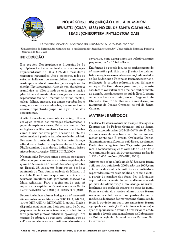(PDF) NOTAS SOBRE DISTRIBUIÇÃO E DIETA DE MIMON BENNETTII (GRAY, 1838 ...