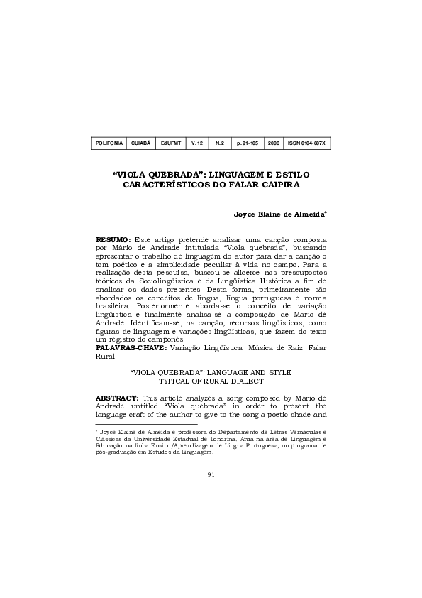 (PDF) VIOLA QUEBRADA": LINGUAGEM E ESTILO CARACTERÍSTICOS DO FALAR CAIPIRA