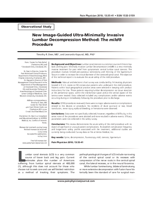 2010 New Image Guided Ultra Minimally Invasive Lumbar Decompression ...