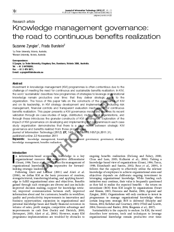 (PDF) Zyngier, S., & Burstein, F. (2012 ). Knowledge Management Governance: The Road to ...