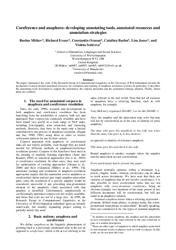 (PDF) Coreference and anaphora: developing annotating tools, annotated resources and annotation ...