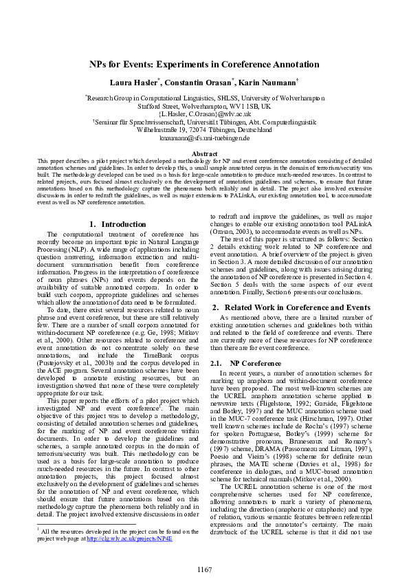 (PDF) NPs for Events: Experiments in Coreference Annotation