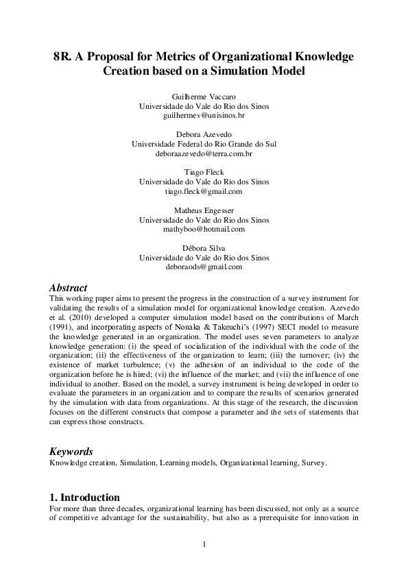 (PDF) A Proposal for Metrics of Organizational Knowledge Creation based ...