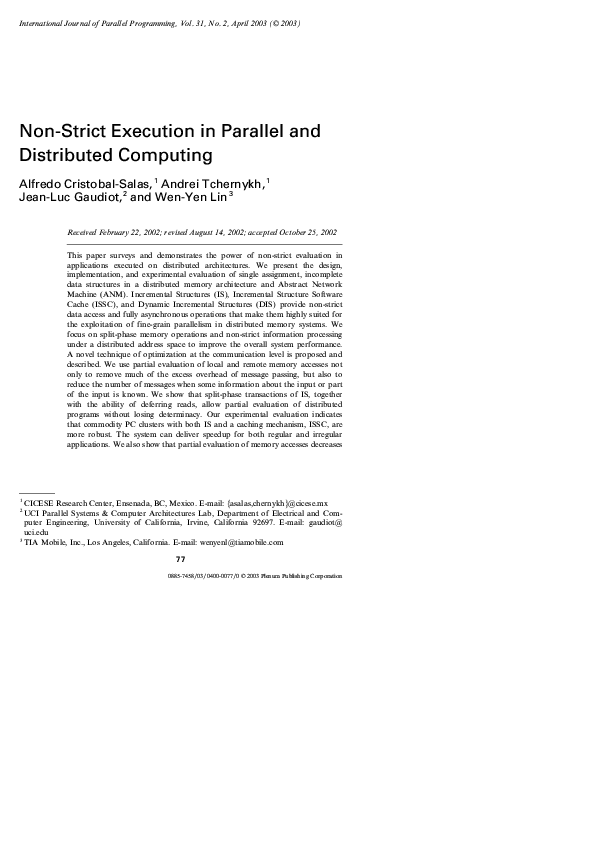 Pdf Non Strict Execution In Parallel And Distributed Computing Jean