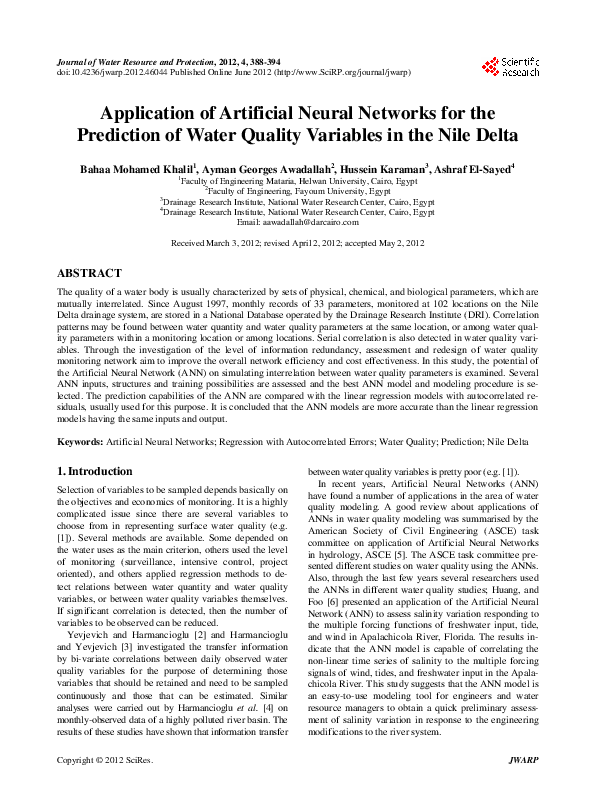 Pdf Application Of Artificial Neural Networks For The Prediction Of Water Quality Variables In