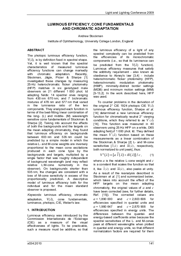 (PDF) Luminous efficiency, cone fundamentals and chromatic adaptation