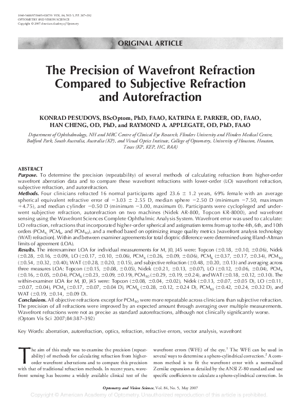 (PDF) The Precision of Wavefront Refraction Compared to Subjective ...