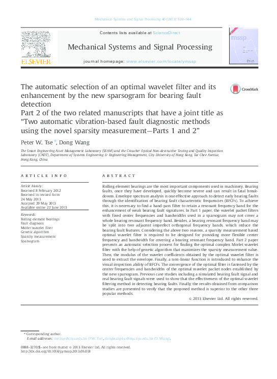 (PDF) Two Automatic Vibration-based Fault Diagnostic Methods using the Novel Sparsity ...