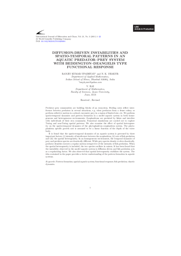 (PDF) Diffusion - driven instabilities and spatio - temporal patterns in an aquatic predator ...