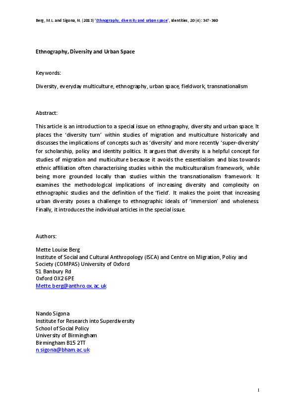 (PDF) Ethnography, diversity and urban space