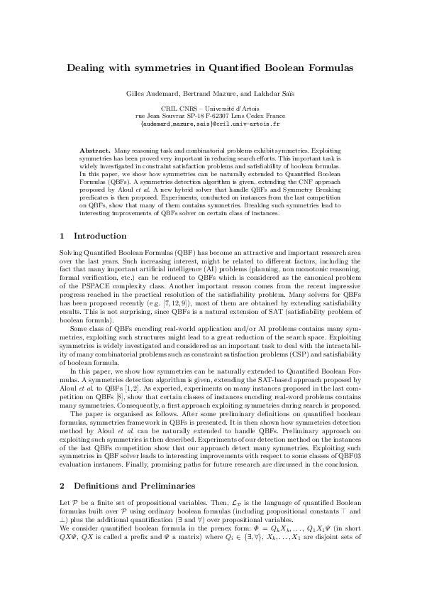 (PDF) Dealing with Symmetries in Quantified Boolean Formulas
