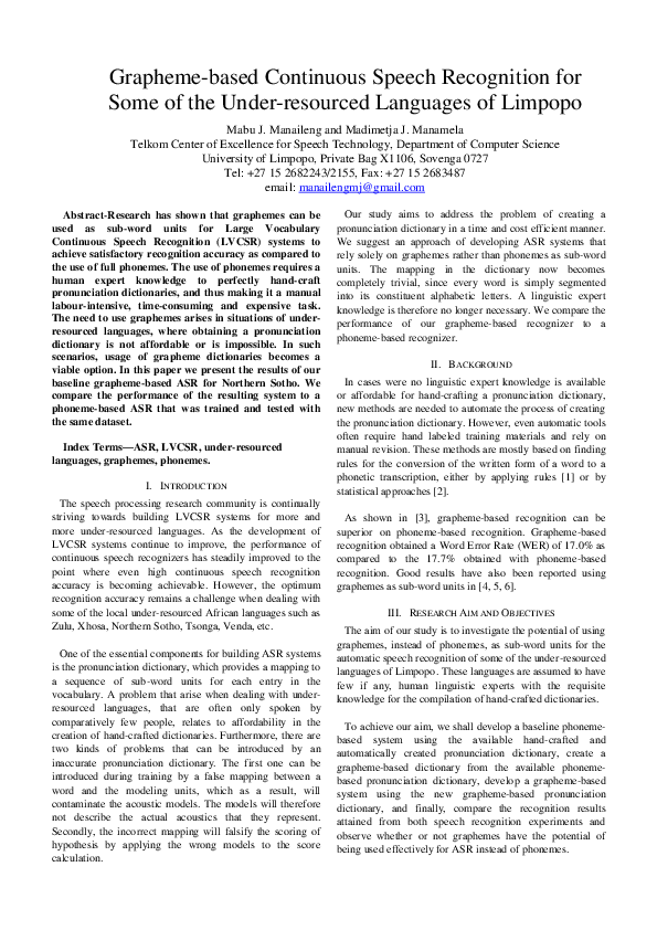 (PDF) Grapheme-based Continuous Speech Recognition for Under-resourced Languages.