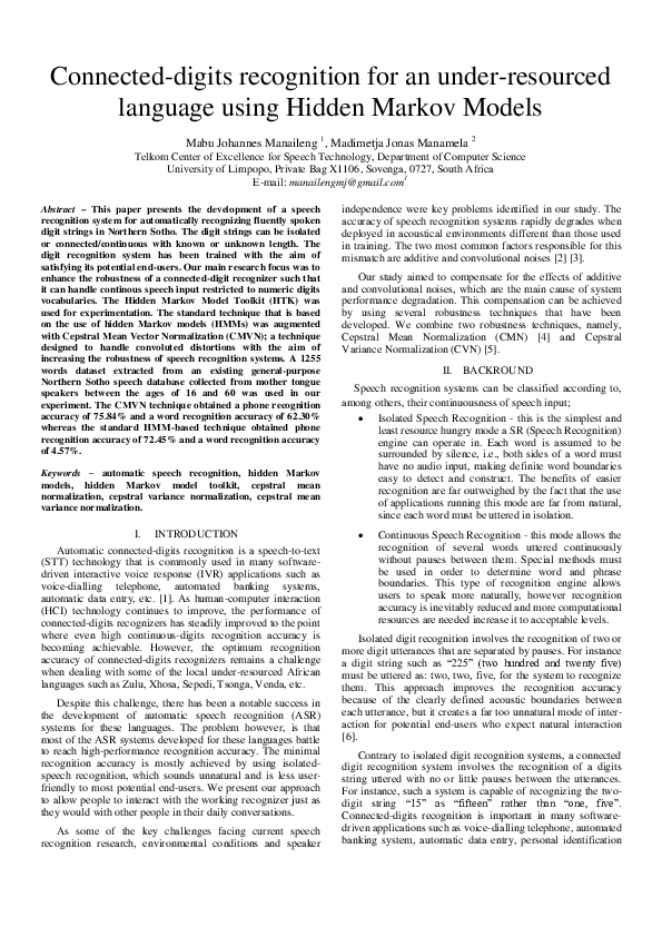Pdf Connected Digits Recognition For An Under Resourced Language Using Hidden Markov Models