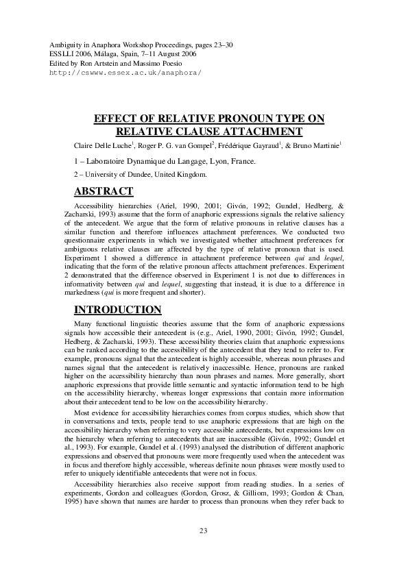 (PDF) EFFECT OF RELATIVE PRONOUN TYPE ON RELATIVE CLAUSE ATTACHMENT