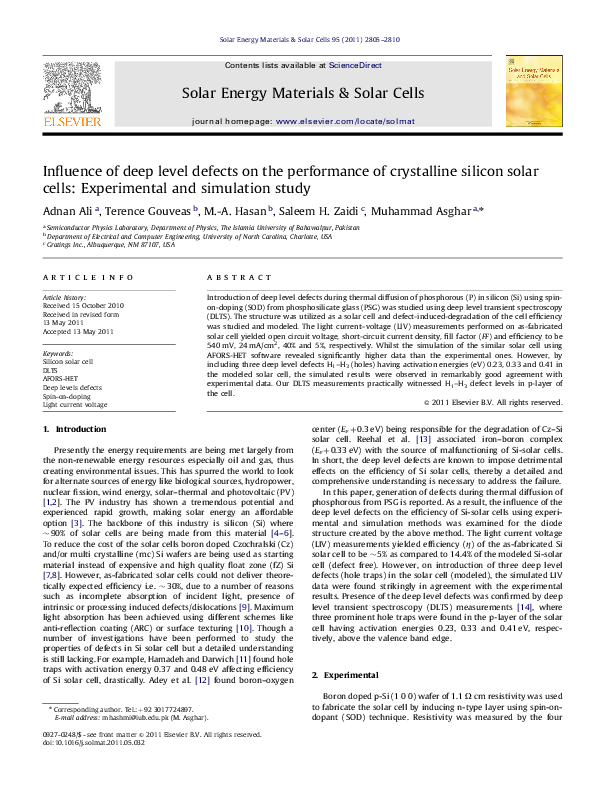 (PDF) Inﬂuence of deep level defects on the performance of crystalline ...