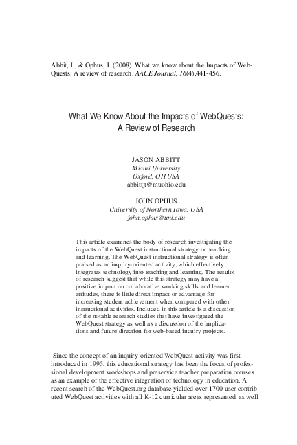 (PDF) What We Know About the Impacts of WebQuests: A Review of Research