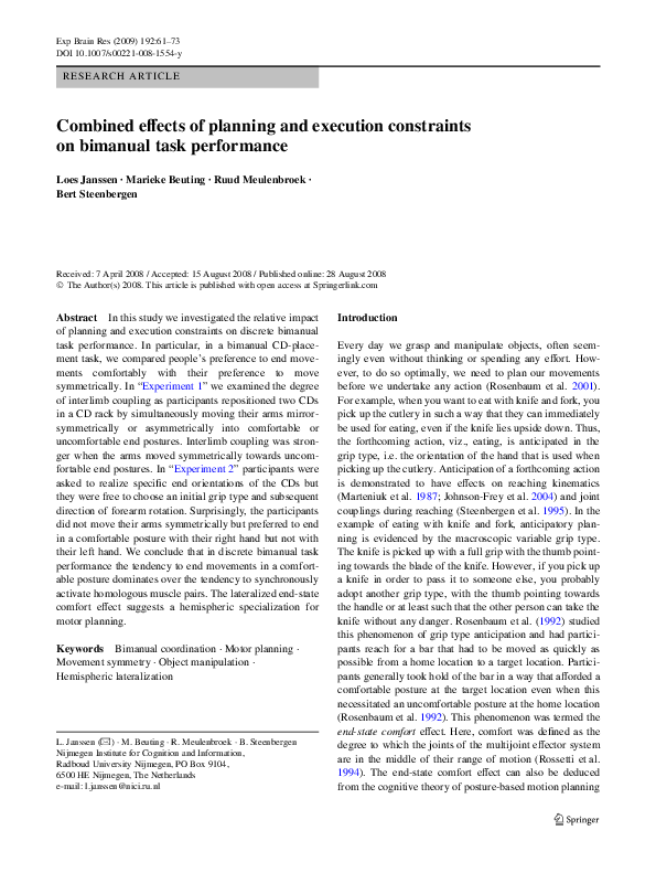 Pdf Combined Effects Of Planning And Execution Constraints On Bimanual Task Performance