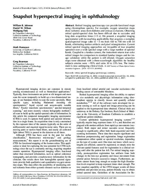 (PDF) Snapshot hyperspectral imaging in ophthalmology