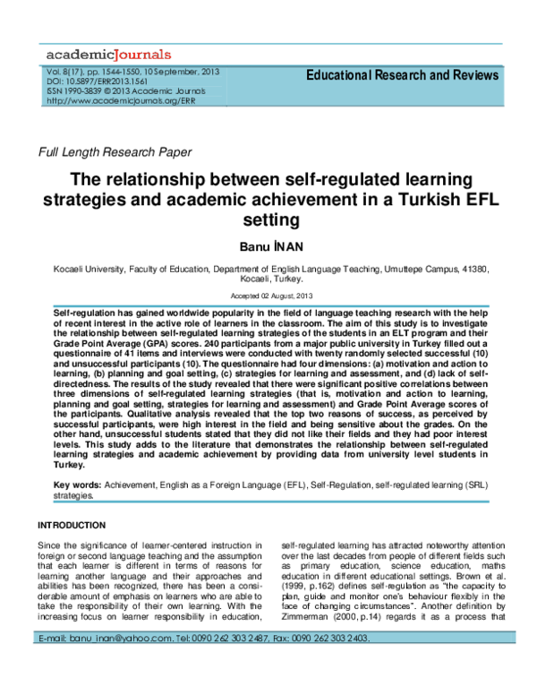 (PDF) The relationship between self-regulated learning strategies and academic achievement in a ...