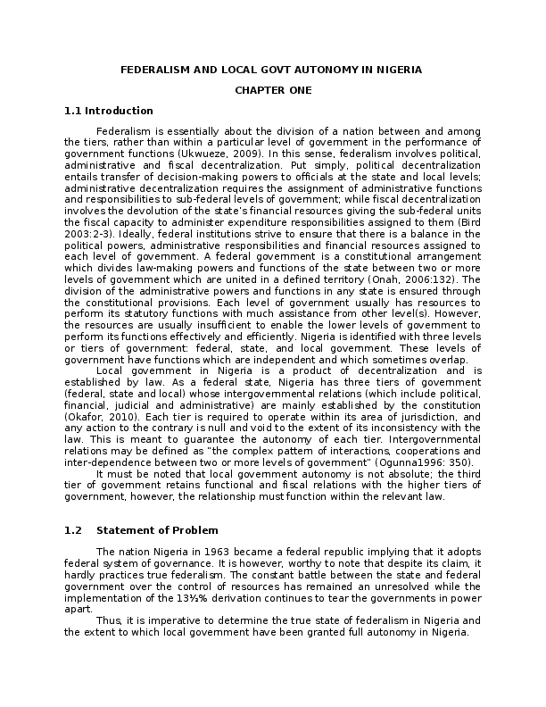 (DOC) FEDERALISM AND LOCAL GOVT AUTONOMY IN NIGERIA