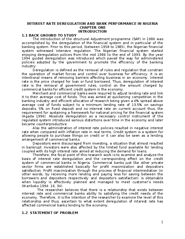 (DOC) INTEREST RATE DEREGULATION AND BANK PERFORMANCE IN NIGERIA