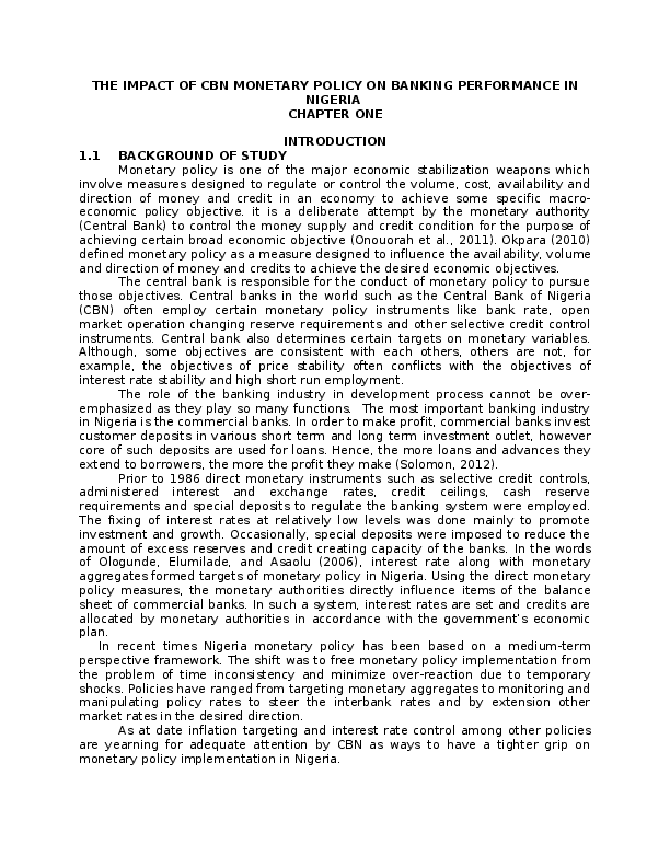 (DOC) THE IMPACT OF CBN MONETARY POLICY ON BANKING PERFORMANCE IN NIGERIA