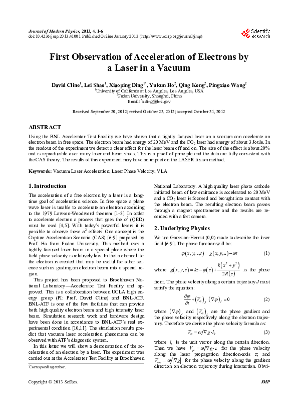(PDF) First Observation of Acceleration of Electrons by a Laser in a Vacuum