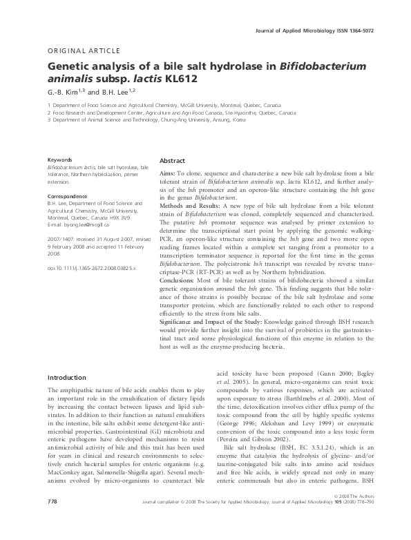ORIGINAL ARTICLE Genetic analysis of a bile salt hydrolase in Biﬁdobacterium animalis subsp ...