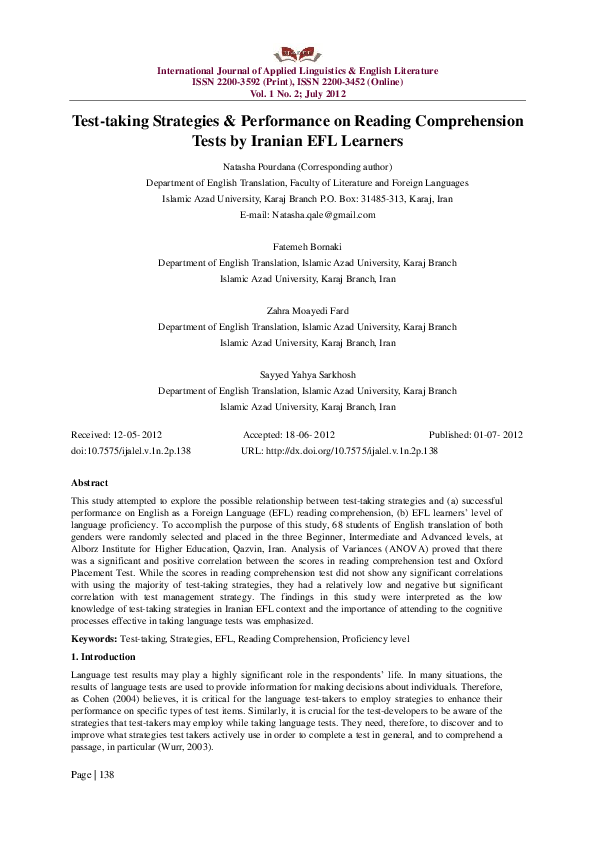 (PDF) Test-taking Strategies & Performance on Reading Comprehension ...