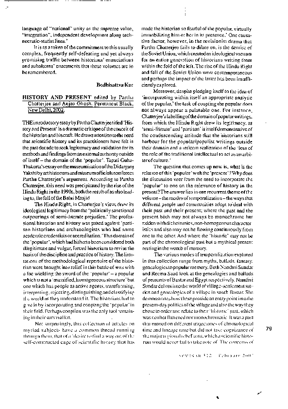 (PDF) Book Review of Partha Chatterjee's History and Present