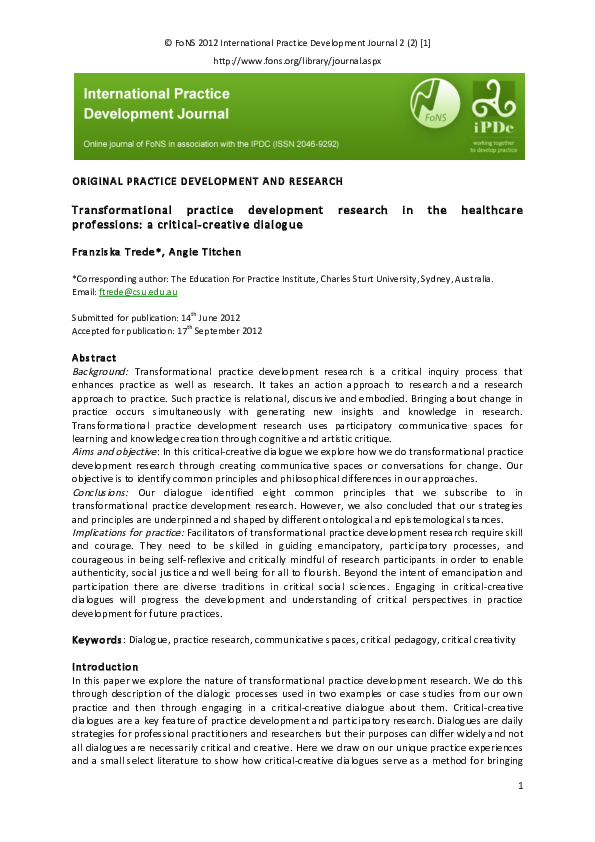 (PDF) Transformational practice development research in the health care ...