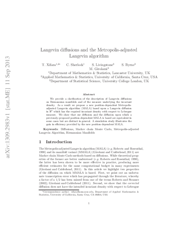 (PDF) Langevin diffusions and the Metropolis-adjusted Langevin algorithm